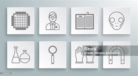 세트 라인 시험관 및 플라스크 화학 실험실 과학자 돋보기 고무 장갑 자석 열린 과학 책 외계 외계인 얼굴 및 프로세서 아이콘 벡터 건강 검진에 대한 스톡 벡터 아트 및 기타