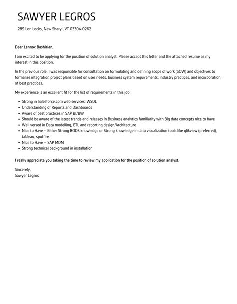 Solution Analyst Cover Letter Velvet Jobs