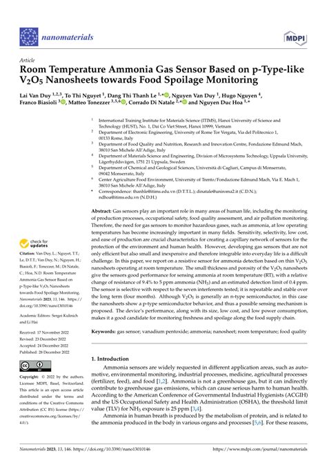 Pdf Room Temperature Ammonia Gas Sensor Based On P Type Like V2o5 Nanosheets Towards Food