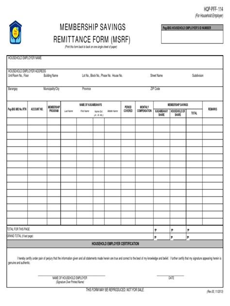 Hdmf Membership Savings Remittance Form Msrf Hqp Pff 114 V01 Remittance Salary