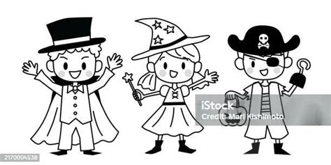 할로윈 의상을 입은 귀여운 아이들의 선 그리기 벡터 일러스트 레이 션 10월에 대한 스톡 벡터 아트 및 기타 이미지 10월