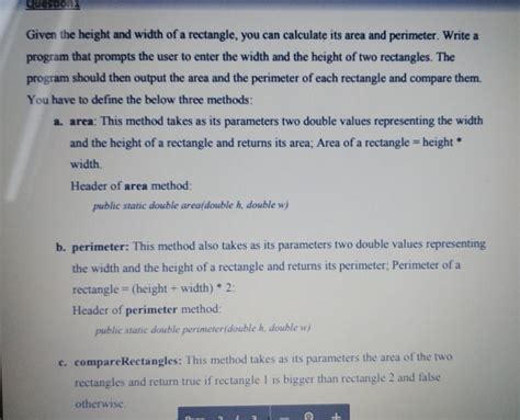 Solved Questions Given The Height And Width Of A Rectangle Chegg