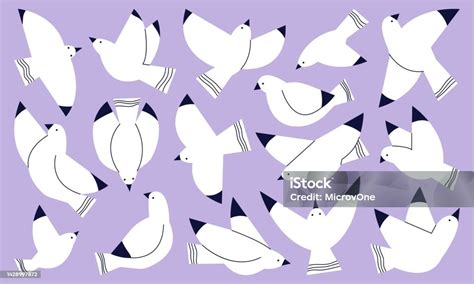 추상적인 흰 새 실루엣 비행 비둘기 또는 갈매기 기하학적 비둘기 그림 패션 현대 무리 갈매기 괜찮은 장식 벡터 손으로 만든 인쇄 템플릿 가축떼에 대한 스톡 벡터 아트 및
