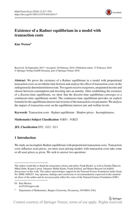 Existence Of A Radner Equilibrium In A Model With Transaction Costs Request Pdf