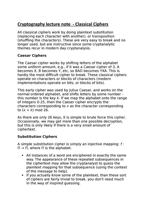 Cryptography Lecture Note Classical Ciphers These Are Very Easy To Break And No Longer Used