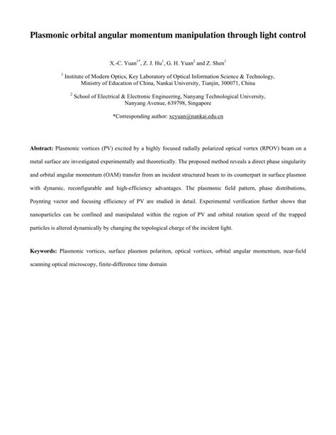 Pdf Plasmonic Orbital Angular Momentum Manipulation Through Light Control