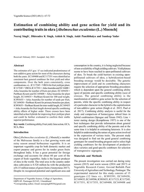 Pdf Estimation Of Combining Ability And Gene Action For Yield And Its Contributing Traits In