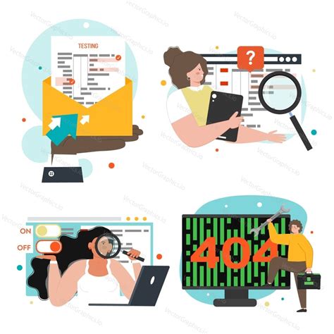 Software Testing Scene Set Vector Illustration People — Vectorgraphicsio