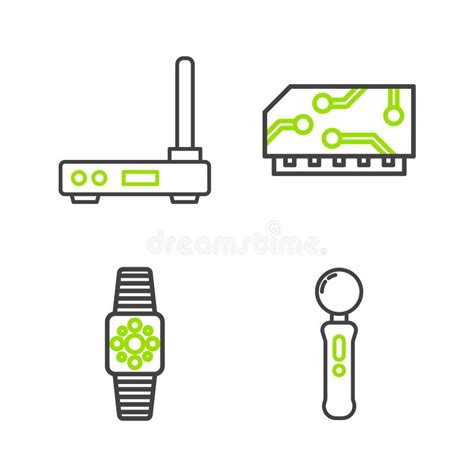 Set Line Gamepad Smartwatch Ram Random Access Memory And Router Wi Fi Signal Icon Vector