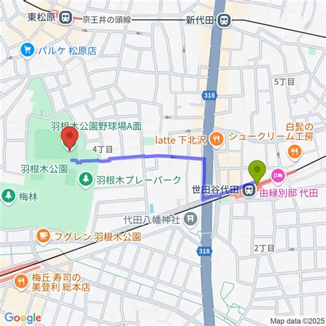 世田谷代田駅から羽根木公園野球場へのルートマップ Mdata