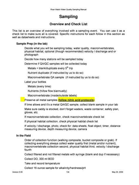 Fillable Online River Watch Water Quality Sampling Manual Sampling Overview And Check List This