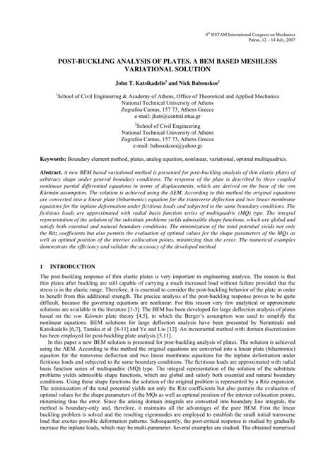 Pdf Post Buckling Analysis Of Plates A Bem Based Meshless