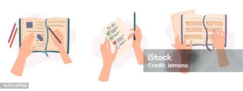 펜을 들고 종이 공책이나 일기 그림 아이콘에 메모 또는 할 일 목록을 만드는 손의 상위 뷰 이미지 쓰기에 대한 스톡 벡터 아트 및 기타 이미지 Istock