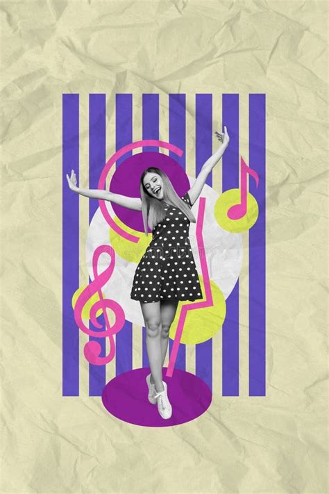 3d Retro Abstract Creative Artwork Template Collage Of Excited Female Raise Hands Smiling