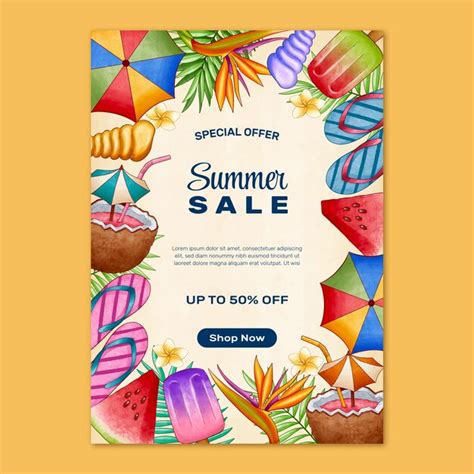 여름 시즌 수채화 판매 포스터 템플릿 무료 벡터