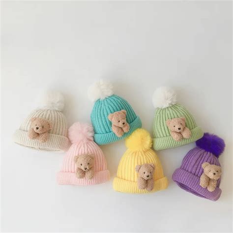 아기 모자 가을과 겨울 한국 Ins 귀여운 곰 니트 멜론 모자 Pom Pom Balll 캔디 컬러 아기 모직 유아 캐주얼 모자모자 And 캡모자 Aliexpress