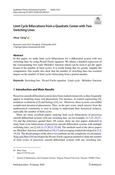 Pdf Limit Cycle Bifurcations From A Quadratic Center With Two Switching Lines