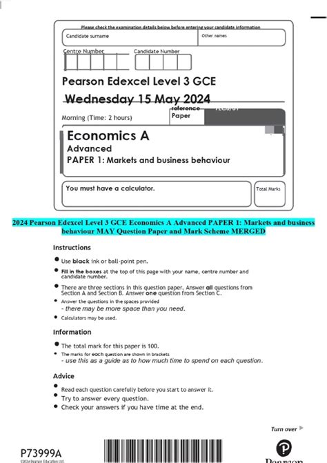2024 Pearson Edexcel Level 3 Gce Economics A Advanced Paper 1 Markets And Business Behaviour