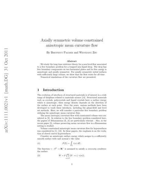 Pdf Axially Symmetric Volume Constrained Anisotropic Mean Curvature Flow