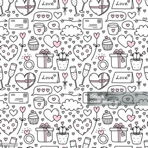샴페인 반지 하트 구름 편지 커피 컵 케이크로 발렌타인 데이를위한 귀여운 매끄러운 패턴 벡터 손으로 그린 낙서 그림입니다 휴일 디자인 인쇄 장식 포장에 적합 검은색에 대한