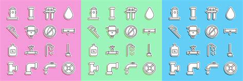 세트 라인 산업 밸브 걸레 물이 새는 깨진 파이프 정수 필터 난방용 전기 보일러 파이프 조절 렌치 소화전 및 드롭 금지 아이콘 벡터 보일러에 대한 스톡 벡터 아트 및 기타