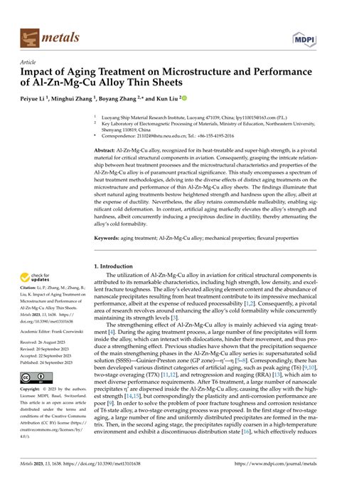 Pdf Impact Of Aging Treatment On Microstructure And Performance Of Al Zn Mg Cu Alloy Thin Sheets
