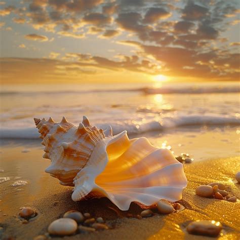 premium photo arafed shell on the beach with the sun setting in the