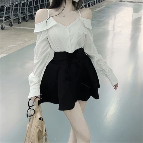 코디세트 새틴 오프숄더 셔츠 남방 하이웨스트 코르셋 미니스커트 세트 Ag116112e