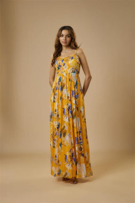 Yellow Floral Embroidered Maxi Dress Ewoke Studio