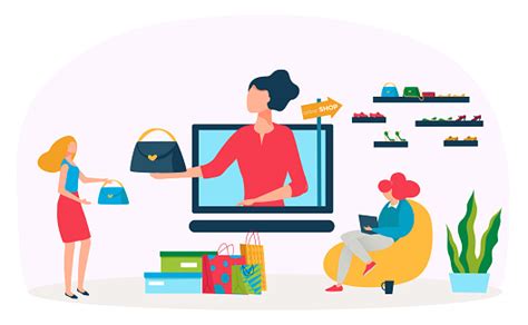 원격 온라인 쇼핑 작은 여자 캐릭터 구매 액세서리 가방 인터넷 패션 상점 평면 벡터 일러스트 레이 션 흰색에 고립 가방에 대한 스톡 벡터 아트 및 기타 이미지 Istock
