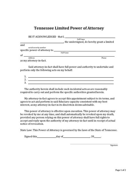 Free Tennessee Tn Power Of Attorney Forms Word Pdf