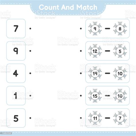 카운트 및 일치 눈송이의 수를 세고 올바른 숫자와 일치시킵니다 교육 어린이 게임 인쇄 워크시트 벡터 일러스트 레이 션 0명에 대한 스톡 벡터 아트 및 기타 이미지 Istock