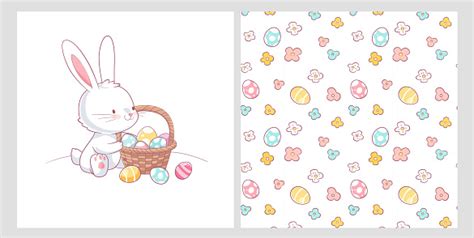 부활절 토끼가 있는 파스텔 색상의 섬세한 패턴 부활절 달걀로 가득 찬 바구니 꽃 요소 벡터 일러스트 레이 션은 티셔츠 인쇄 아동 착용 패션 베이비 샤워 초대 카드에 사용할