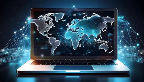 Global Network Laptop Interconnected Data Points World Map Overlay Digital Collaboration