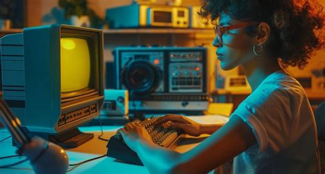 Premium Photo Woman Working At Retro Computer Desk