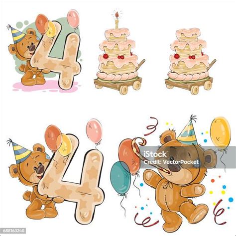 갈색 곰 생일 케이크와 4 번 벡터 일러스트 레이 션의 집합입니다 갈색에 대한 스톡 벡터 아트 및 기타 이미지 갈색 개성 개념 개체 그룹 Istock