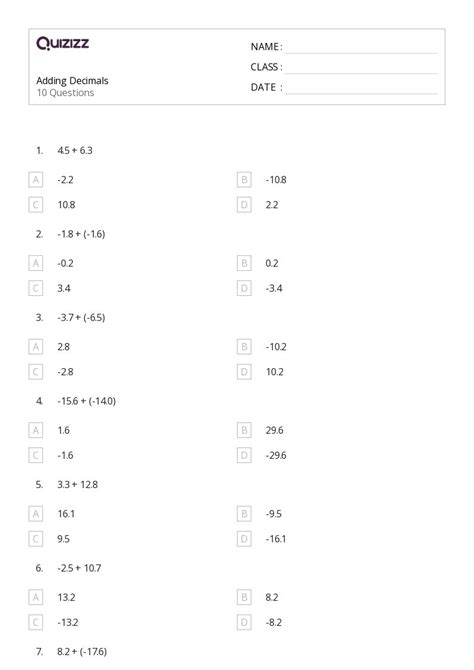 50 Adding Decimals Worksheets For 7th Class On Quizizz Free And Printable