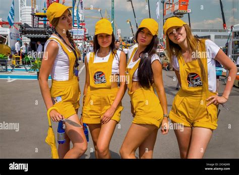 Moscow Russia Jun 06 2014 Four Girls Posing Promoter On