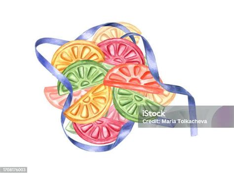 과일 조각의 형태로 여러 가지 빛깔의 캐러멜 반짝이는 파란색 리본으로 장식된 봉봉 사탕 막대 사탕 설탕 흰색으로 분리된 수채화