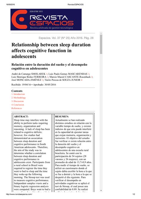Pdf Relationship Between Sleep Duration Affects Cognitive Function In Adolescents