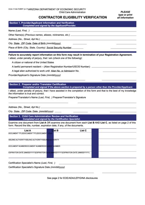 Fillable Form Cca 1114a Forff Contractor Eligibility Verification Printable Pdf Download