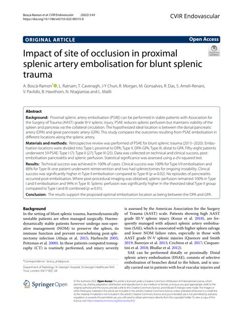 Pdf Impact Of Site Of Occlusion In Proximal Splenic Artery Embolisation For Blunt Splenic Trauma Pdf Impact Of Site Of Occlusion In Proximal Splenic Artery Embolisation For Blunt Splenic Trauma