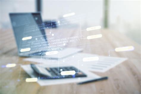 Premium Photo Multi Exposure Of Abstract Software Development Hologram On Blurry Calculator