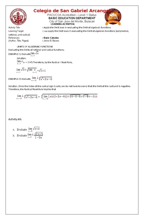 Las 6 Apply The Limit Laws In Evaluating The Limit Of Algebraic Functions Part 2 Colegio De
