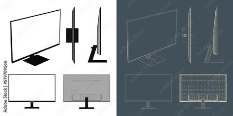 Vector Desktop Monitor Computer Screen Illustration Line Blueprint Wireframe With Transparent
