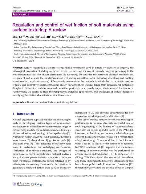 Pdf Regulation And Control Of Wet Friction Of Soft Materials Using Surface Texturing A Review