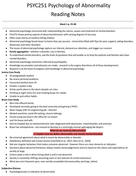 Psyc251 Reading Notes Psyc251 Psychology Of Abnormality Reading Notes Week 1 P 25 Abnormal