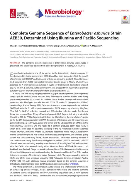 Pdf Complete Genome Sequence Of Enterobacter Asburiae Strain Aeb30 Determined Using Illumina