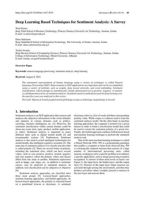 PDF Deep Learning Based Techniques For Sentiment Analysis A Survey