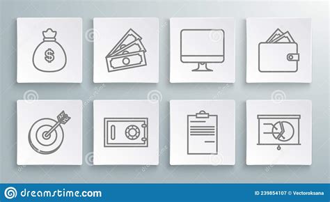 Set Line Target Stacks Paper Money Cash Safe Document Board With Graph Chart Computer